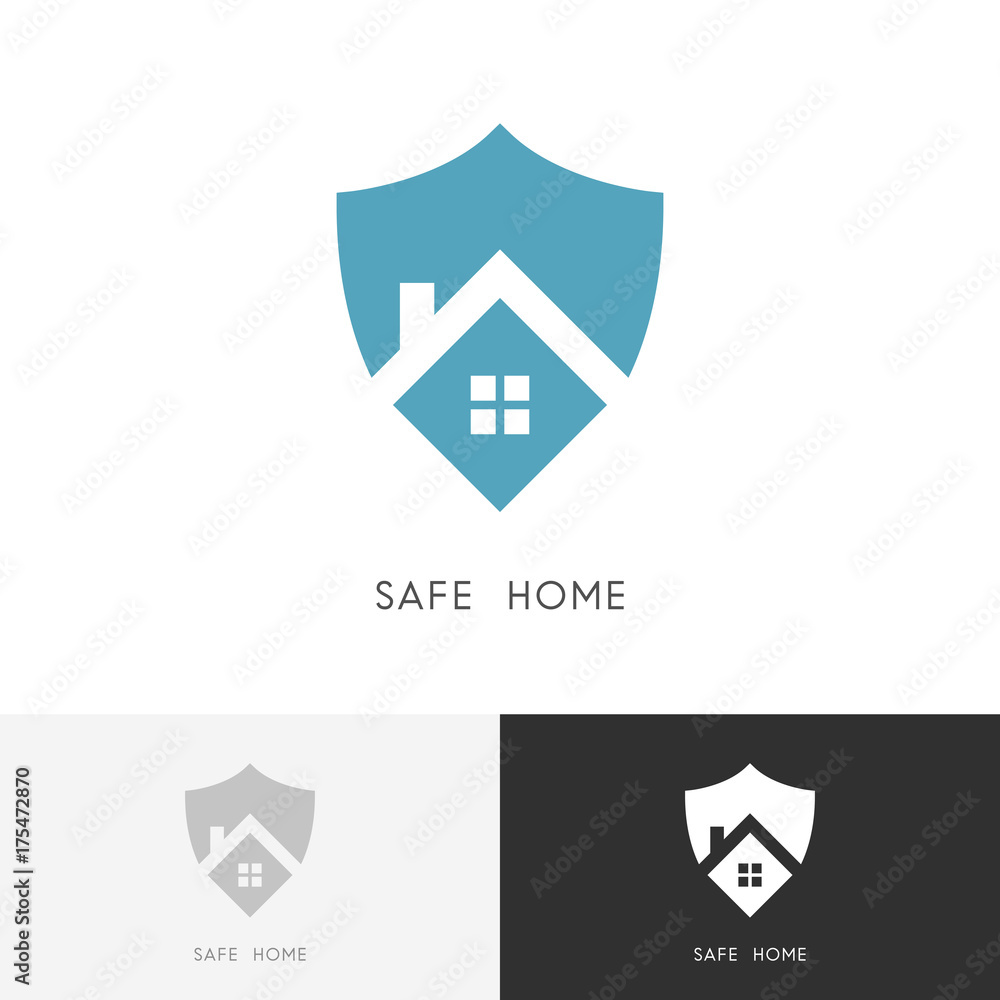 Safe home logo - house with window and chimney on the roof and shield ...