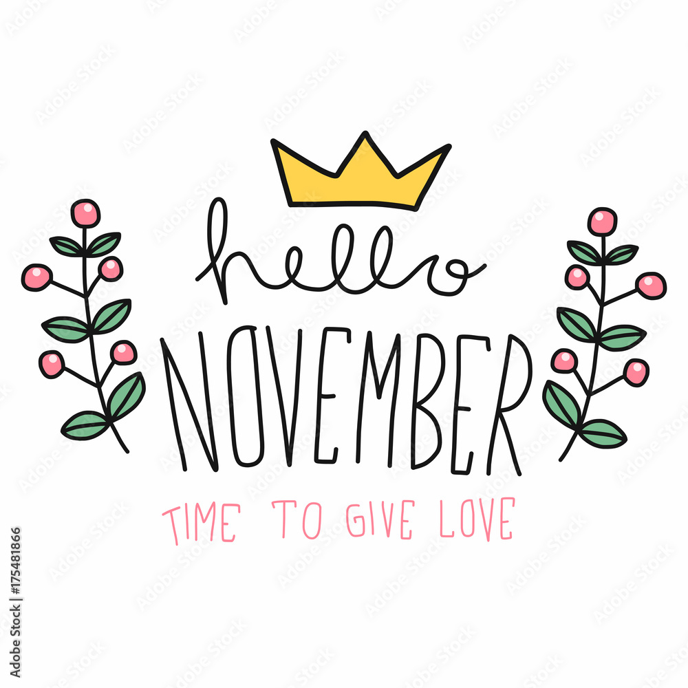 Hello November word and flower wreath cartoon vector illustration ...