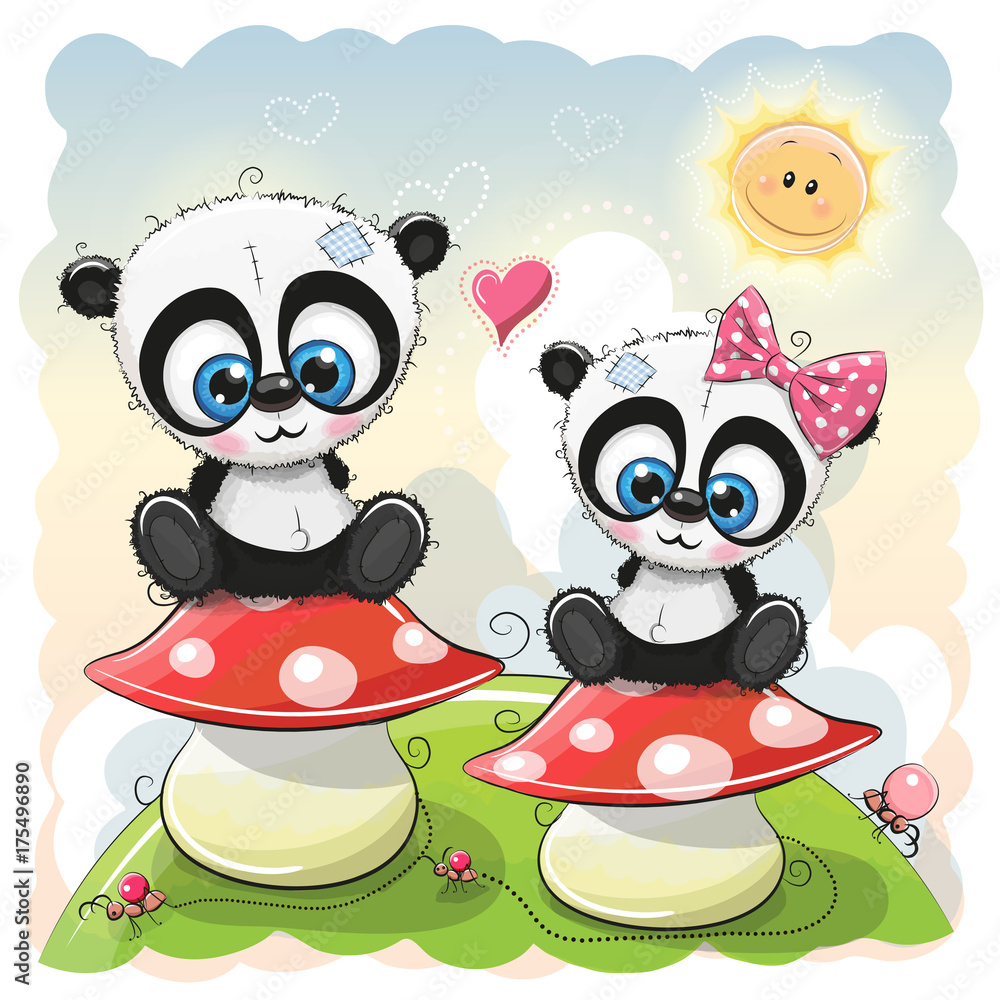 Two Cartoon pandas are sitting on mushrooms Stock Vector | Adobe Stock