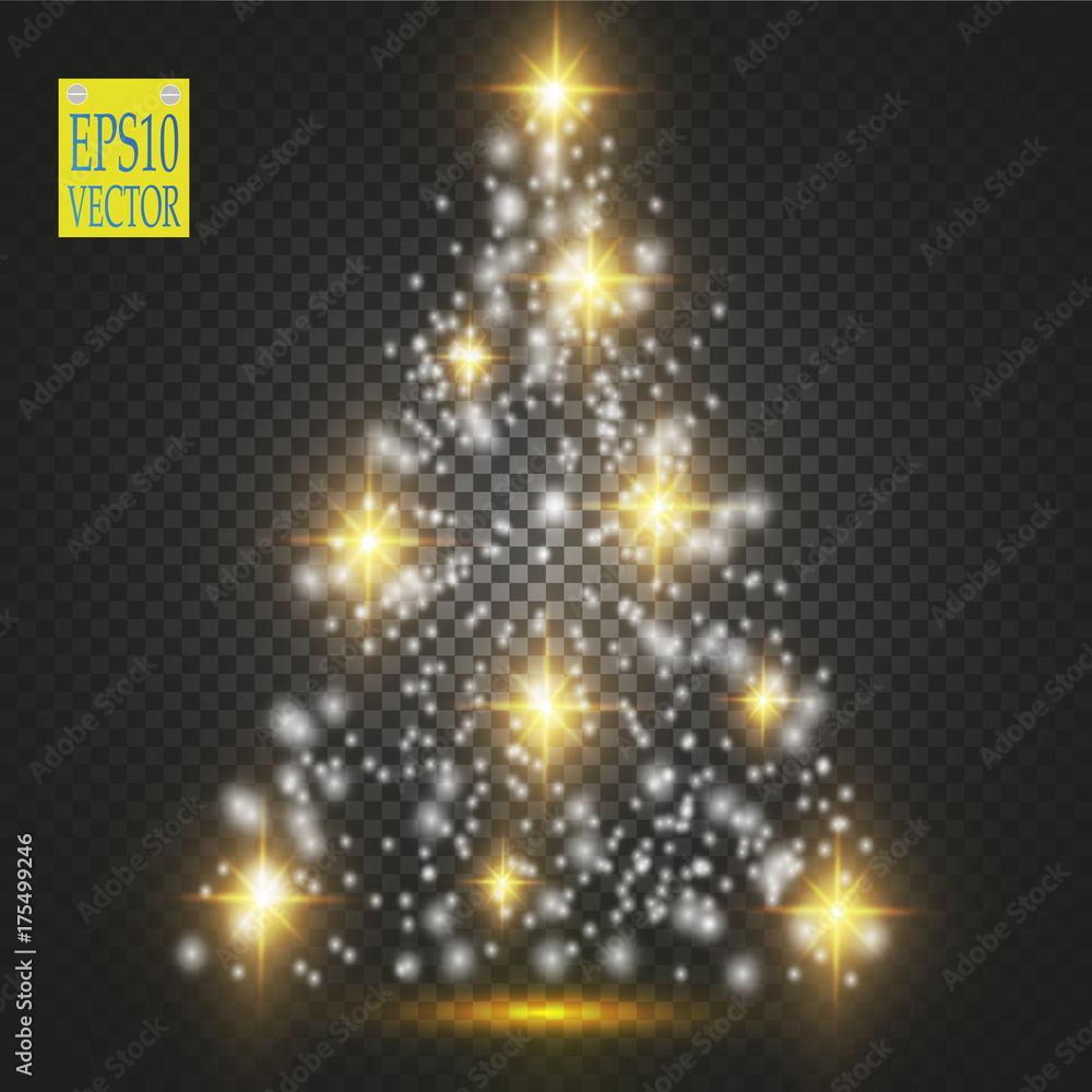 Christmas Tree made, White glitter bokeh lights and sparkles. Shining star, sun particles and ...