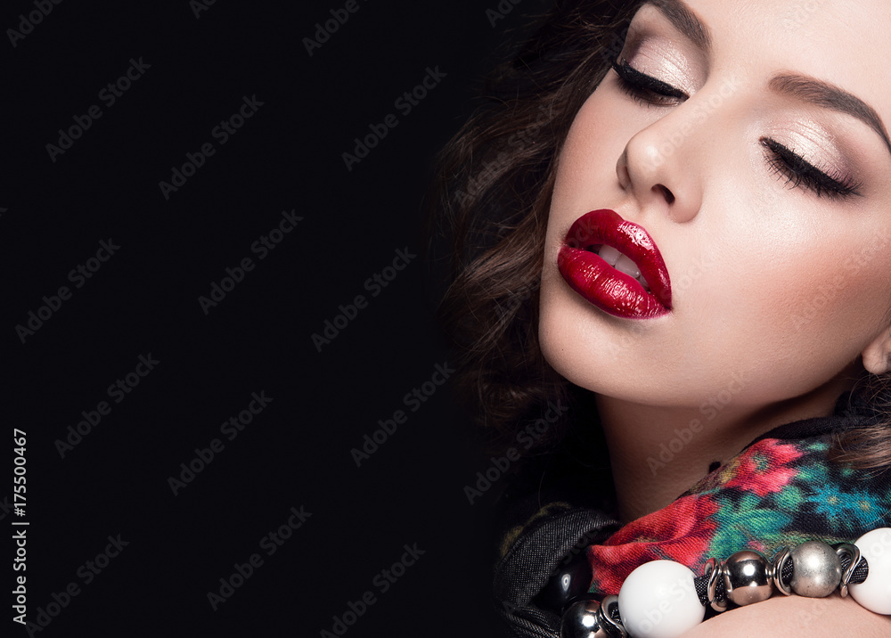 Beautiful woman portrait. Young lady posing close up on black ...