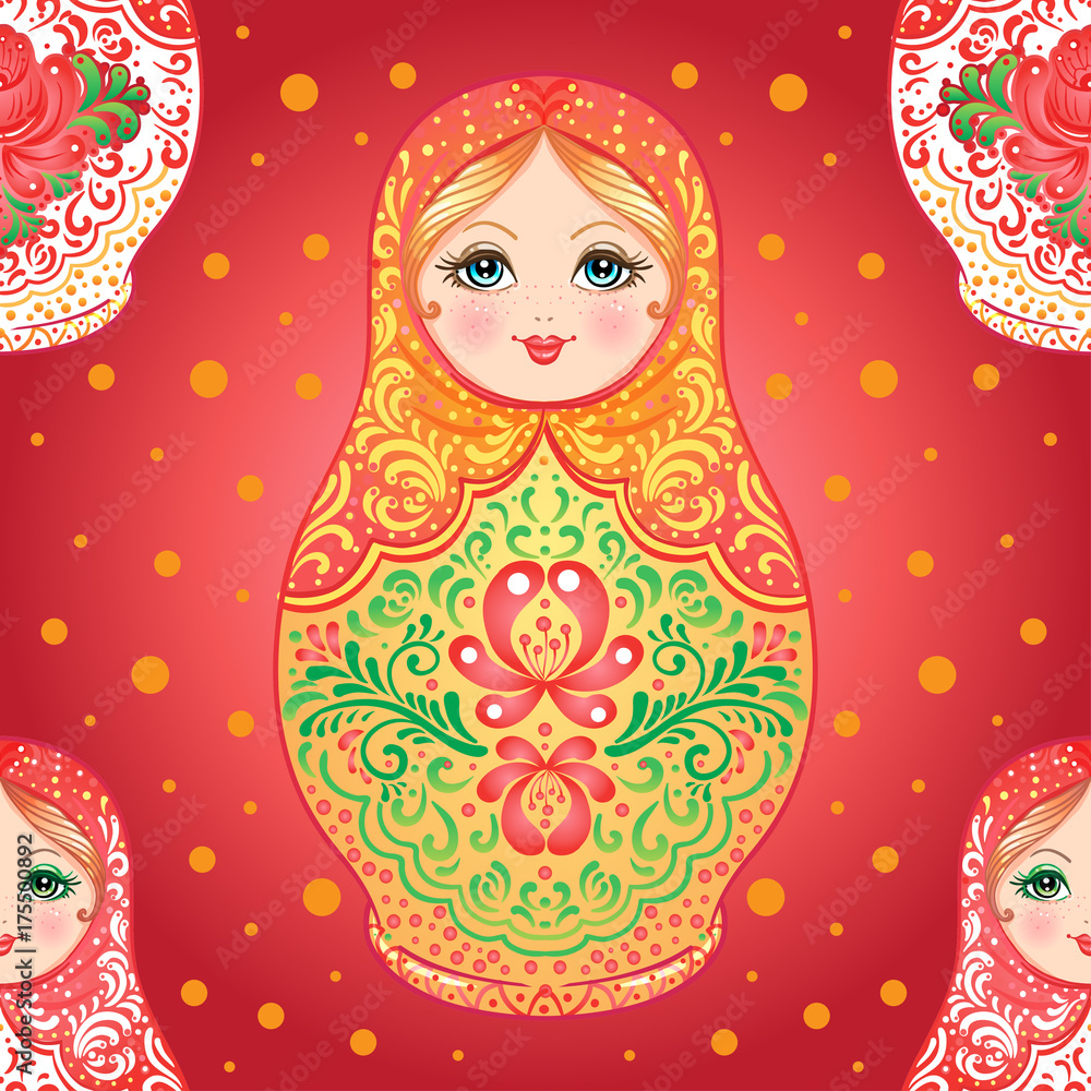 Babushka (matryoshka) seamless pattern. Traditional Russian wooden ...