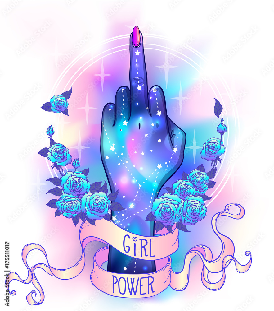 Female hand showing middle finger, galaxy inside. Hand drawn ...