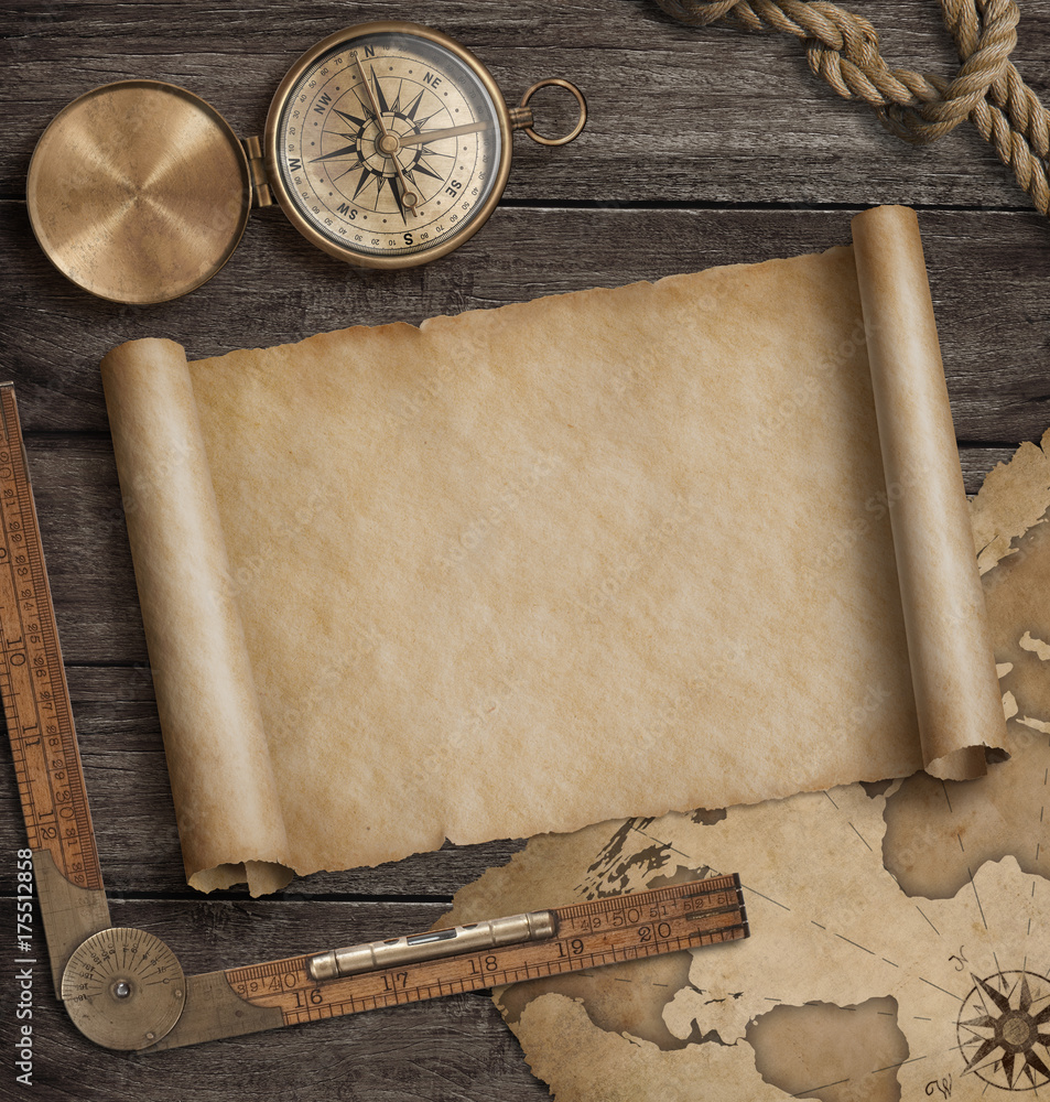 Old map scroll with compass. Adventure and travel background concept ...