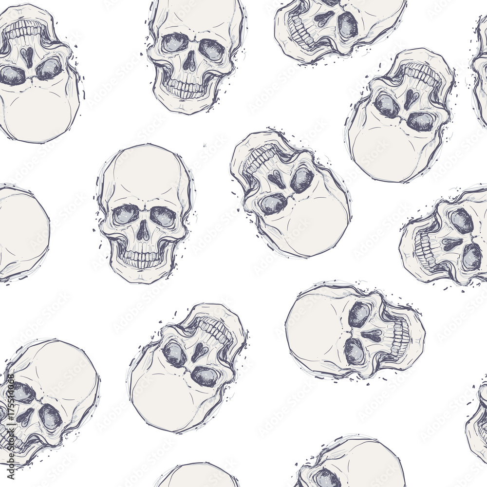 Sketchy style drawing of human skull, human head, seamless pattern ...