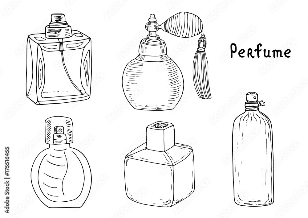 Perfume set. Hand drawn artistic sketch illustration. Vintage aroma and ...