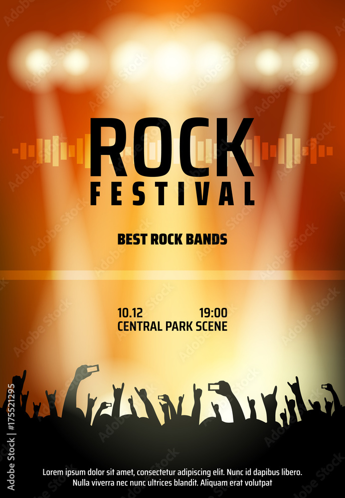 Live concert hall scene poster. Rock festival. rays of light ...