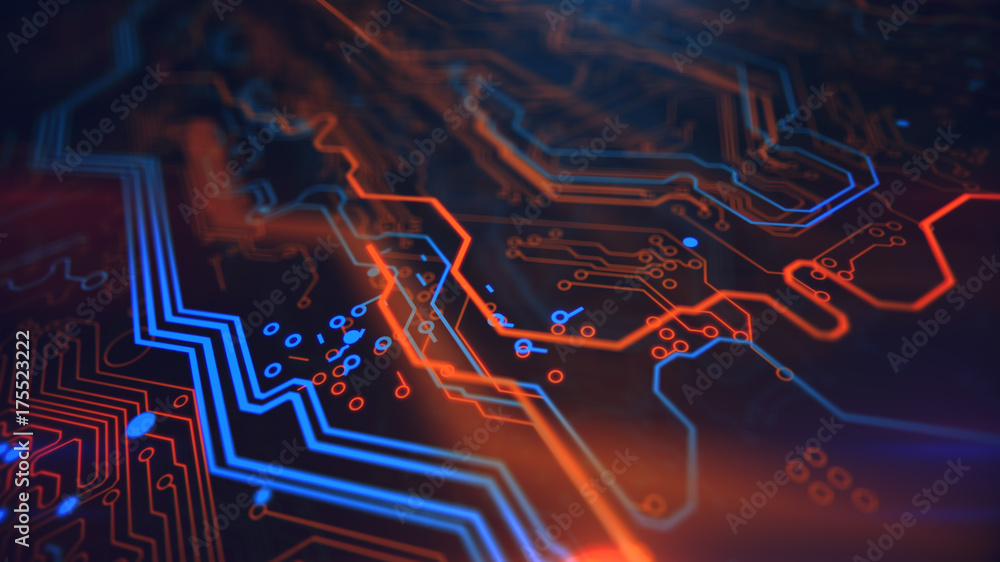 Orange, yellow, blue, background with digital integrated network ...
