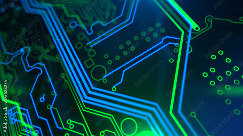 Blue, green neon background with digital integrated network technology ...