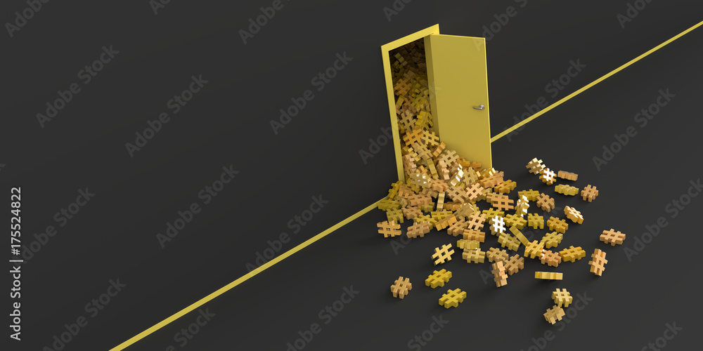 Infinite tag icons getting out of a door, original 3d rendering. Stock ...