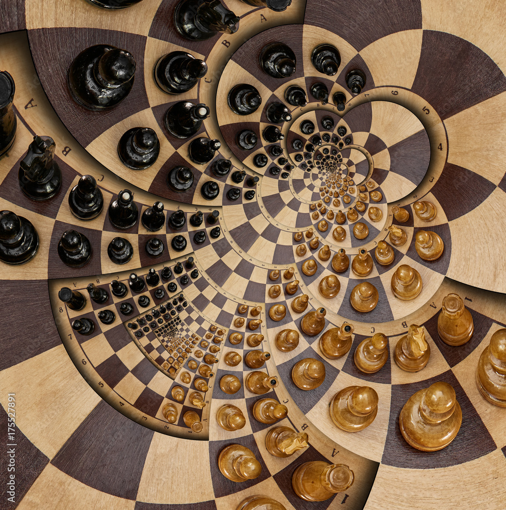 Abstract wooden chess desk white black figures round spiral square ...