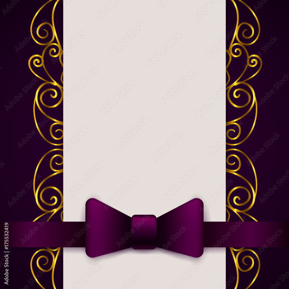 Dark violet vintage greeting card template with bow and ribbon. Vector ...