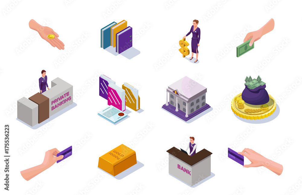 Banking and finance icons set with isometric people, office reception ...