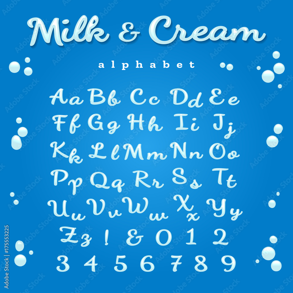 Milk font comic letters with bubbles isolated on blue background. Milky ...