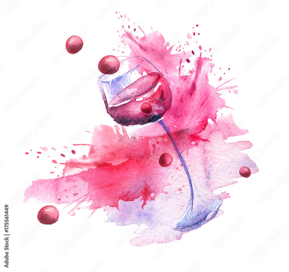 Watercolor drawing. Spilled wine, a fallen glass, a wine glass. Splash ...