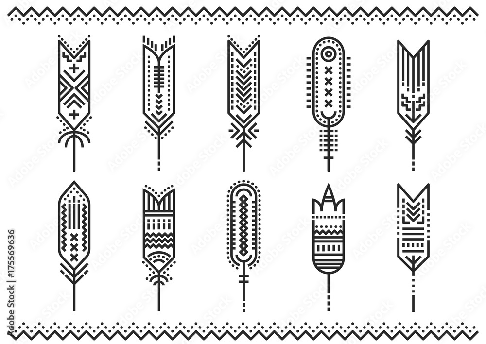 Vector set of linear stylized feathers with geometric pattern. Stock ...
