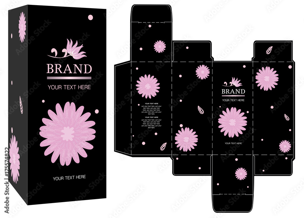 Packaging design, pink flowers on black background box design template ...