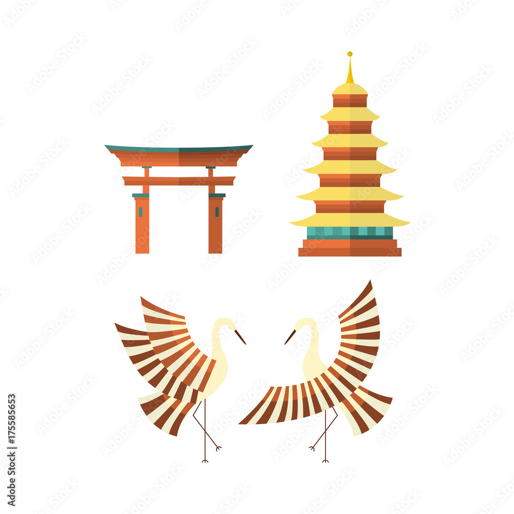 Set of Japanese culture symbols - multi-storied pagoda, crane and torii ...