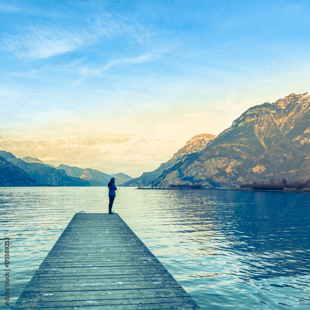 Prayer. Alone with nature. The female figure in prayer. Epic landscape ...