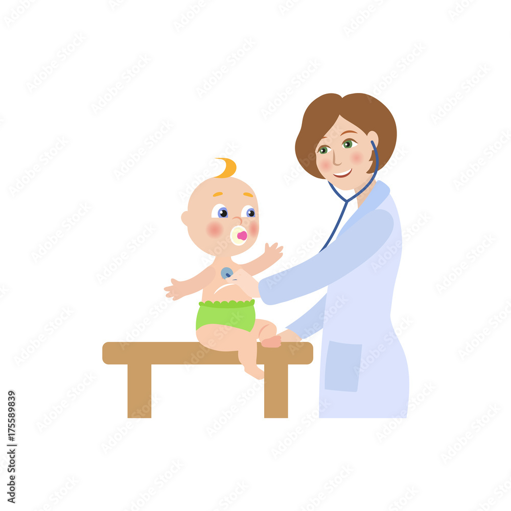 vector flat cartoon female doctor with stethoscope examining newborn ...