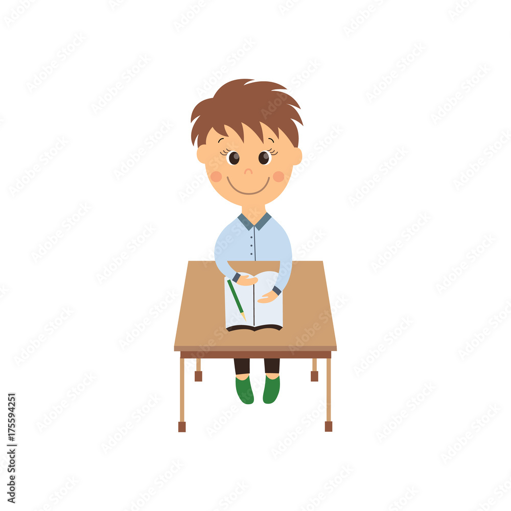 vector flat cartoon cute schoolboy character sitting at desk in ...