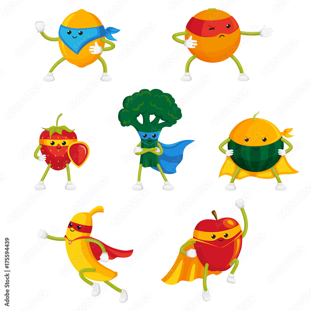 Funny fruit and berry hero, superhero characters in capes and masks ...