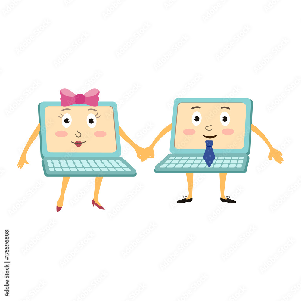 Couple of funny cartoon laptop computer characters, male and female ...