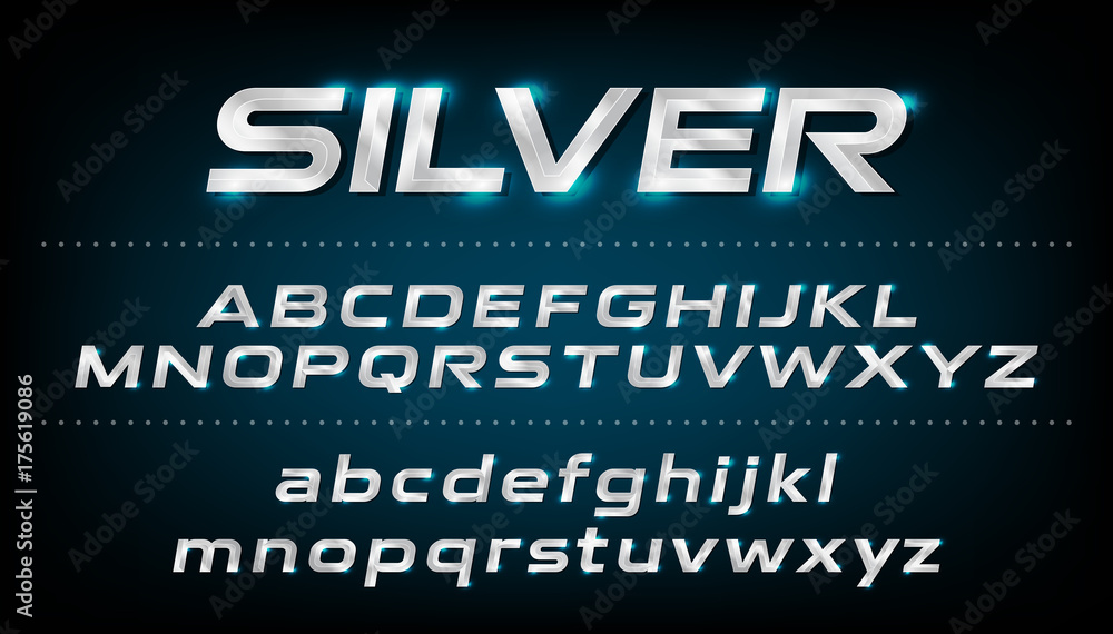 Alphabet font. Metallic, silver effect italic letters on a dark ...