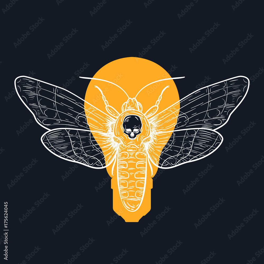 Death head hawk moth with light bulb on dark background in retro ...