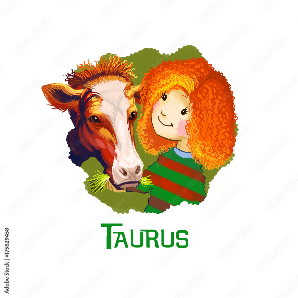 Taurus horoscope sign with children digital art illustration isolated ...