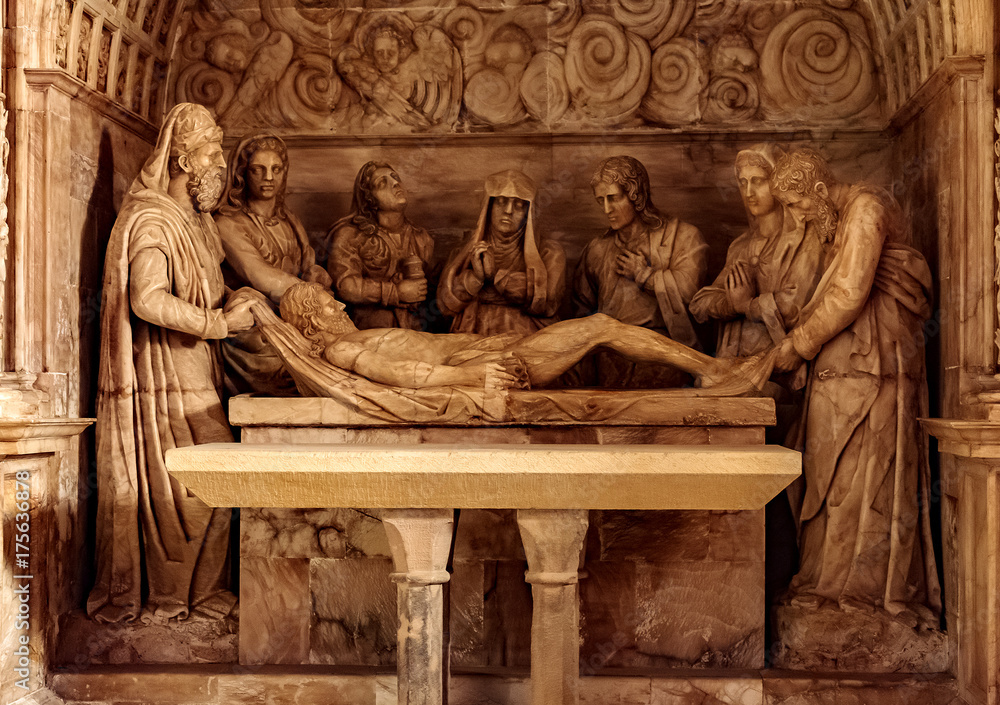 Jesus lying in the tomb after crucifixion. Medieval complex. Stock ...