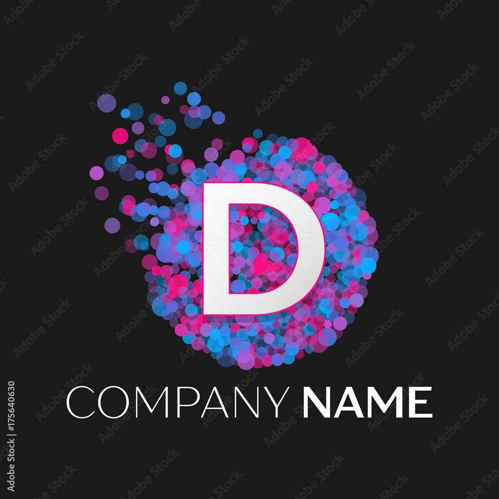 Realistic Letter D logo with blue, purple, pink particles and bubble ...