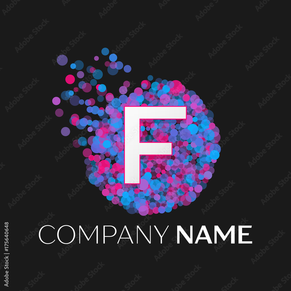 Realistic Letter F logo with blue, purple, pink particles and bubble ...