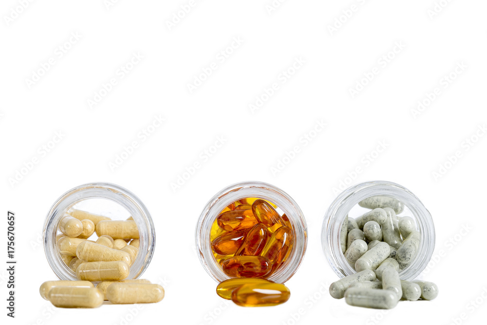 Three container with gelatin capsule and food suplement use in ...