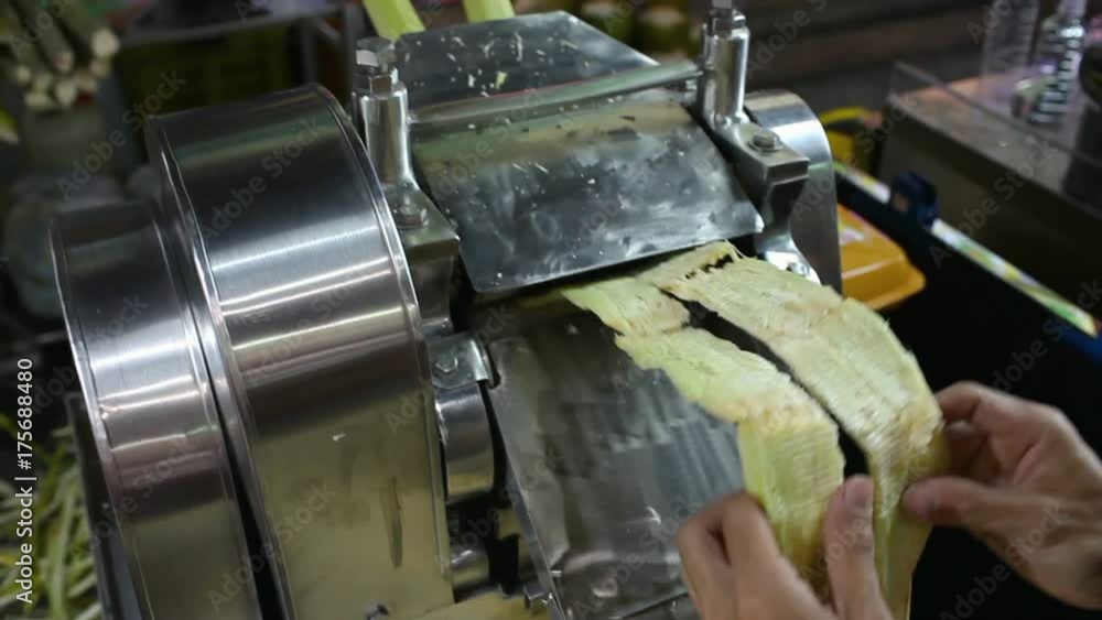 Man hands squeezes cane juice from a reed with juicer on food street ...