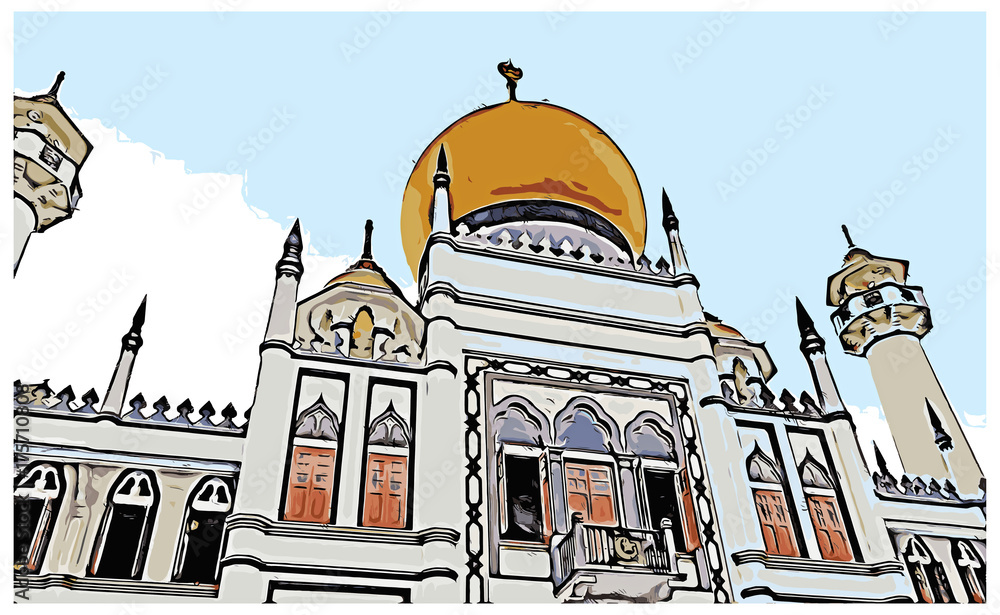 Vector Sketch with color of Sultan Mosque in Singapore in illustration ...