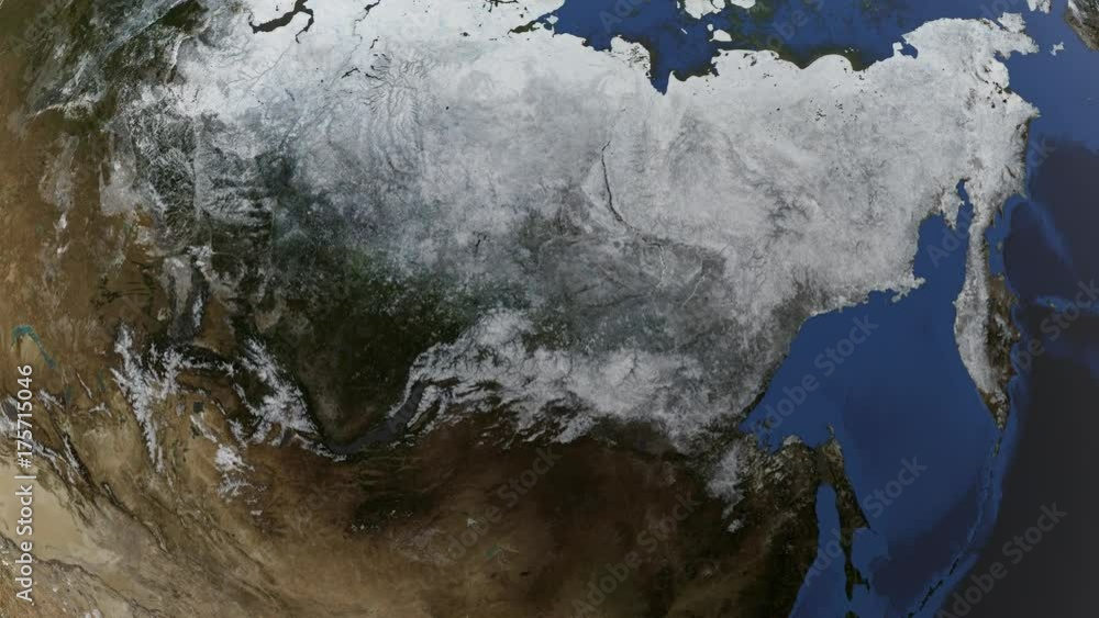 The camera rides on the snow-covered huge Russia on the earth globe, 3d ...