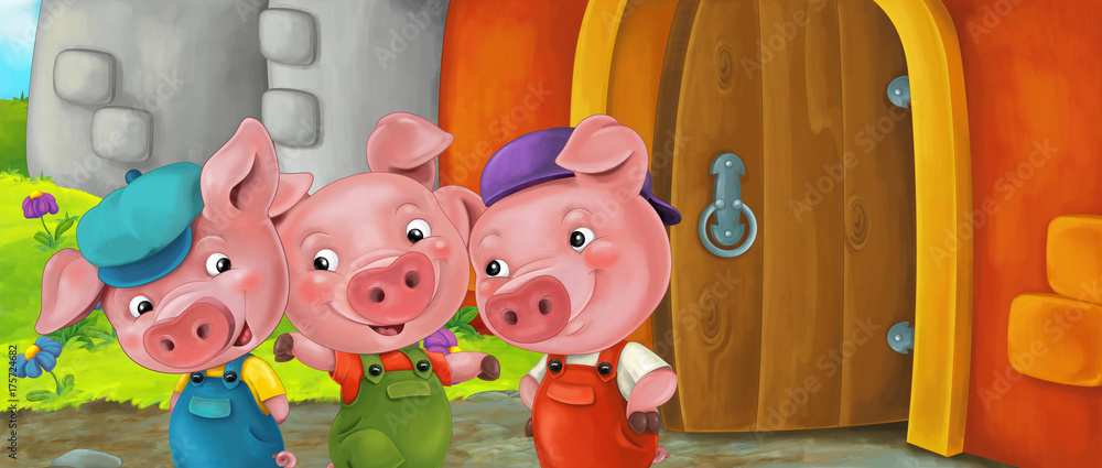Cartoon scene three pig brothers in front of the castle gate ...
