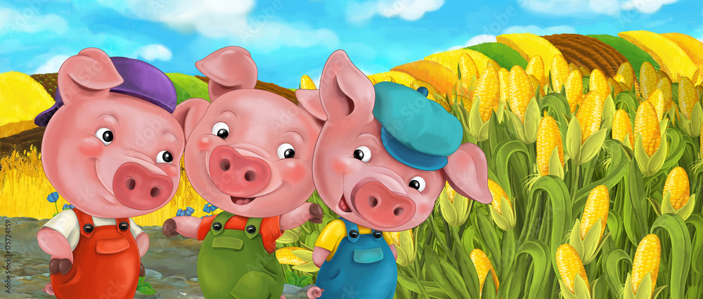 Cartoon scene three pig brothers working in the field - illustration ...