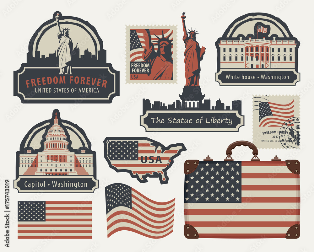 Vector set of american symbols and architectural landmarks of the ...