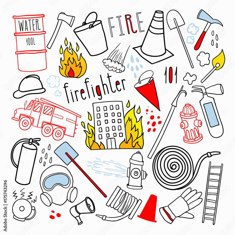 Firefighting Hand Drawn Doodle. Firefighter, Fireman, Emergency ...