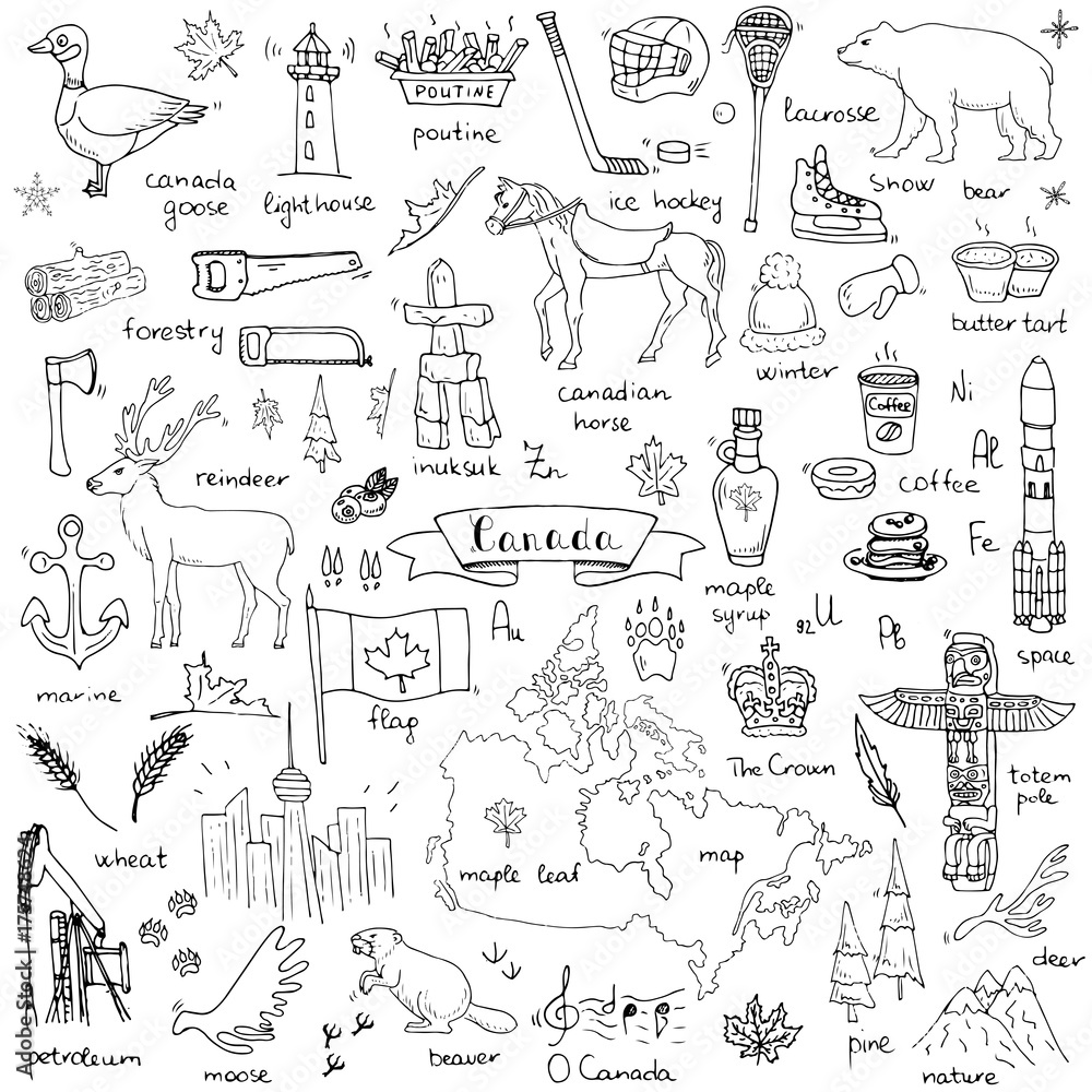 Hand drawn doodle Canada icons set Vector illustration isolated symbols collection of canadian ...