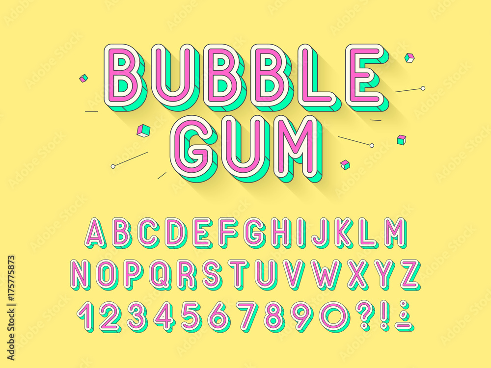 Vector retro Bubble gum bold font design, alphabet, typeface ...