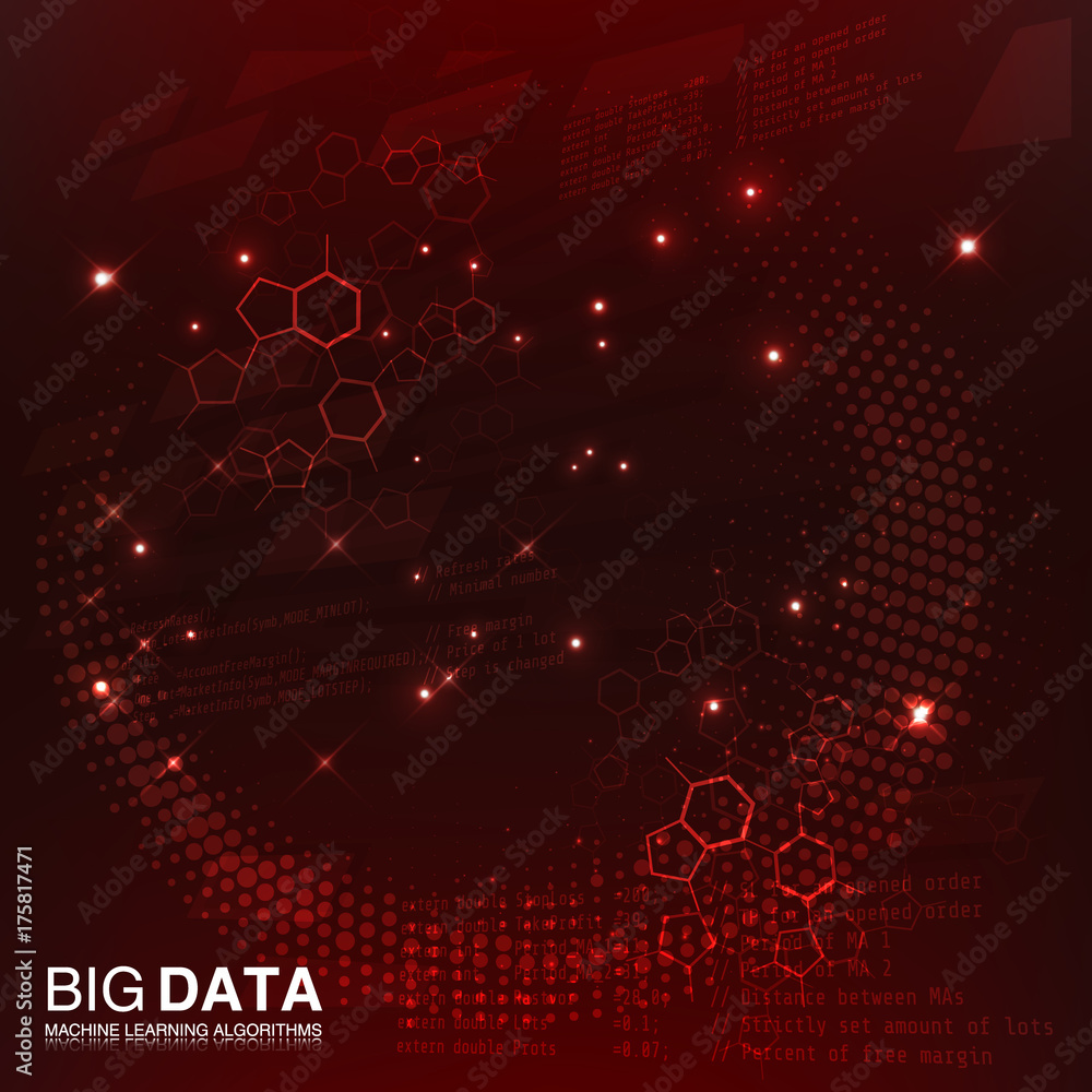 Abstract digital red background with flowing particles. Big data ...