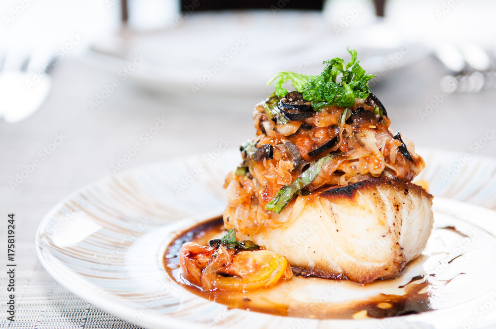 Grilled cod fish with vegetable and balsamic sauce Stock Photo | Adobe ...