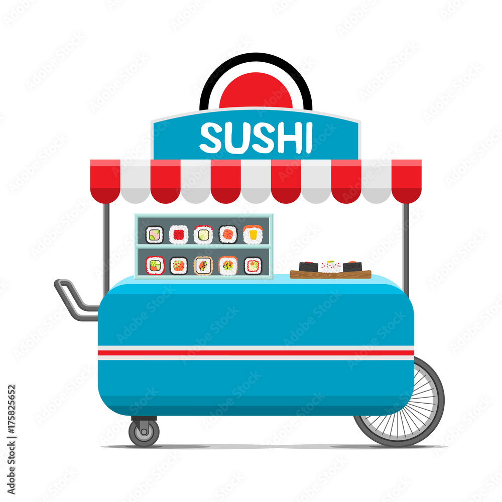 Japanese sushi street food cart. Colorful vector illustration, cartoon ...