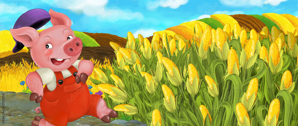 Cartoon scene pig farmer working in the field running - illustration ...