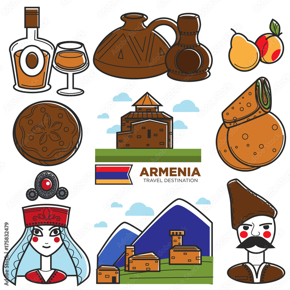 Armenia tourism travel landmarks and Armenian famous symbols vector ...