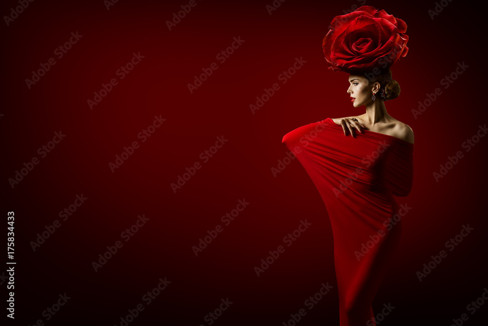 Beauty Fashion Model and Rose Flower Hairstyle, Elegant Art Woman Red ...
