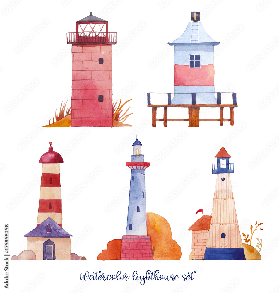 Watercolor lighthouse set. Hand drawn cartoon lighthouses with cute ...